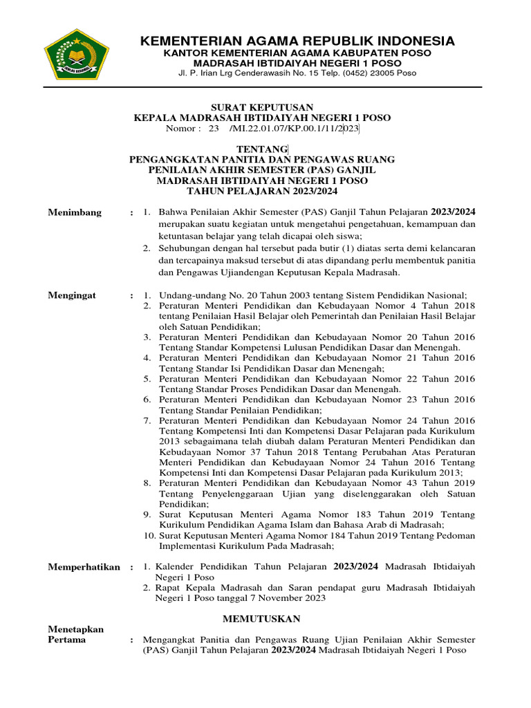 SK Panitia Dan Pengawas Ruang, Jadwal Pas Ganjil 2023-2024 | PDF SK Panitia Dan Pengawas Ruang, Jadwal Pas Ganjil 2023-2024 | PDF