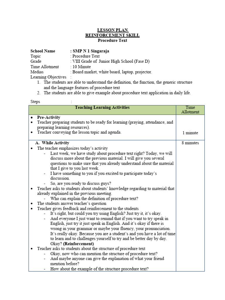 Lesson Plan Reinforcement Skill | PDF | Teachers | Reinforcement