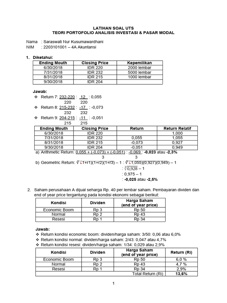 Latihan Soal Uts Portofolio Risk | PDF
