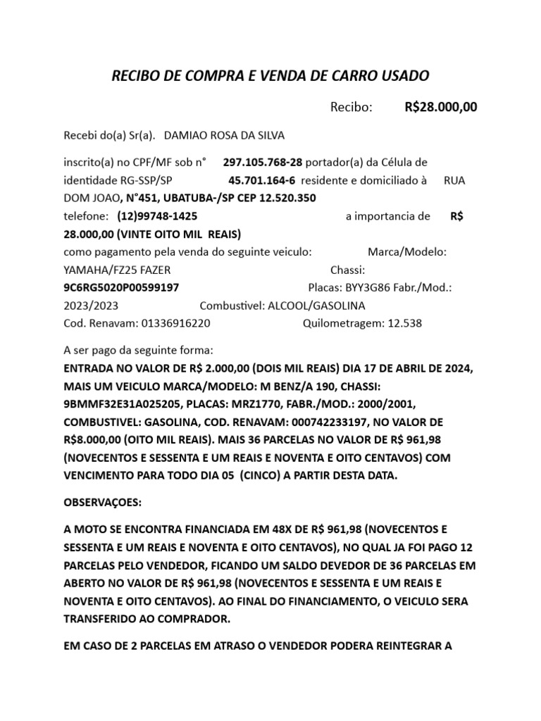 Recibo De Compra E Venda De Carro Pdf