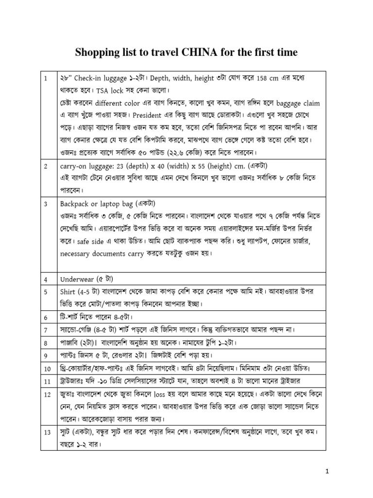 Shopping List To Travel China For The First Time | PDF