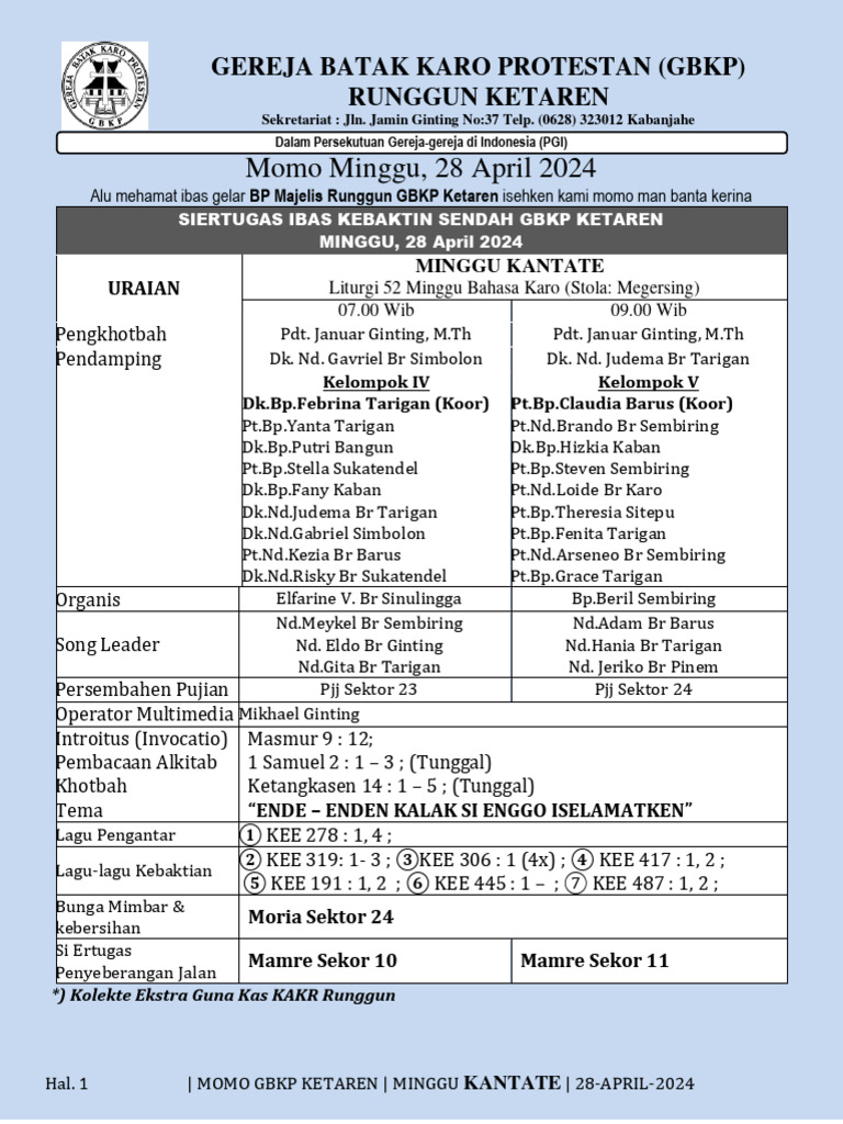 Momo Kebaktian GBKP Ketaren 28 April 2024 | PDF