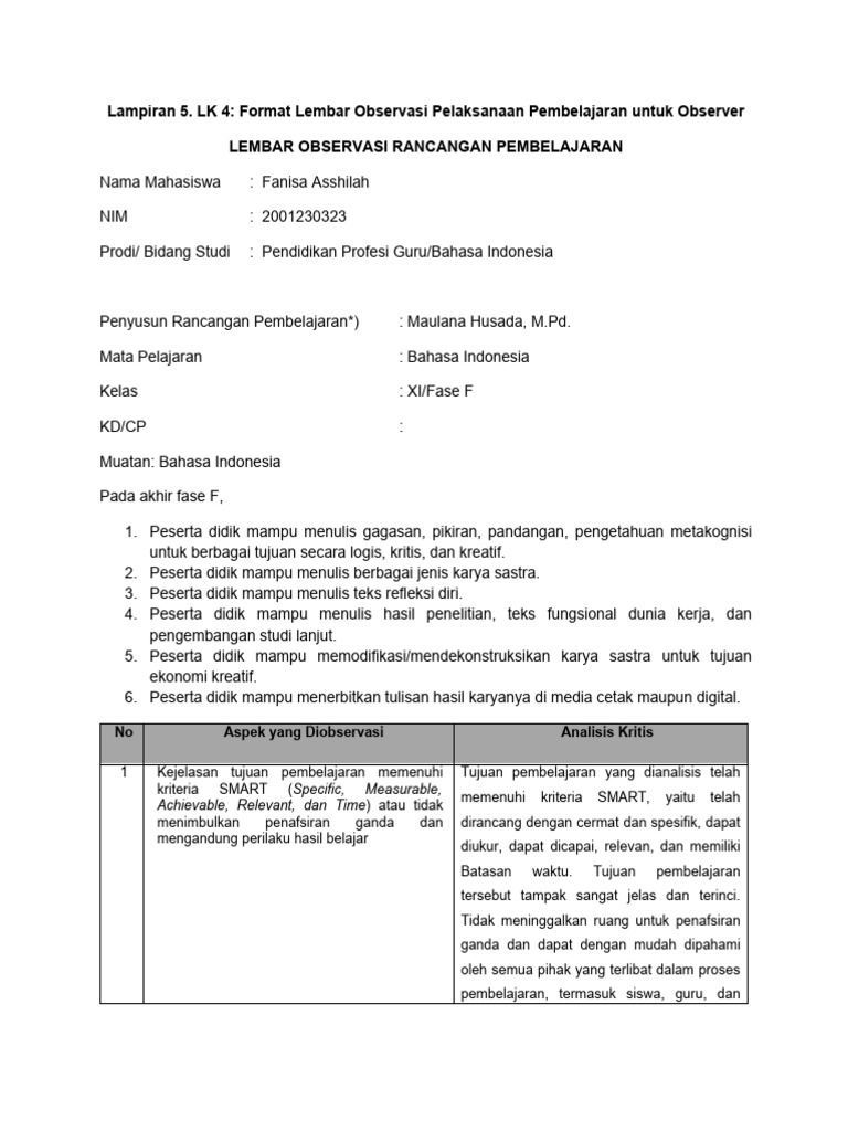 Lampiran 4. LK 3 Contoh Format Lembar Observasi Rancangan Pembelajaran ...