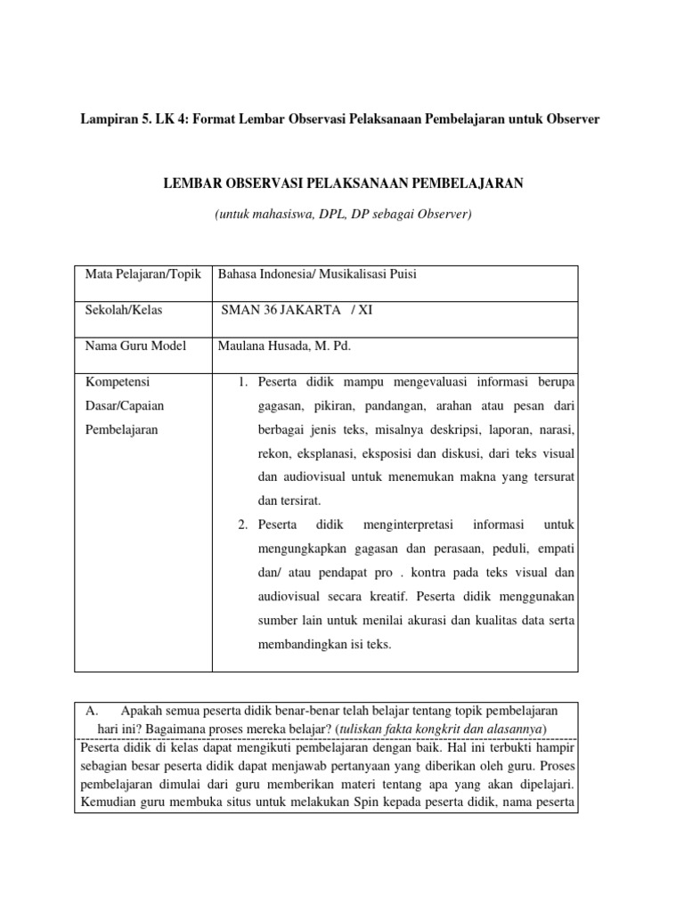 01.05.6-B4-10 Unggah LK 4 - Lembar Observasi Pembelajaran - Siklus 2 | PDF