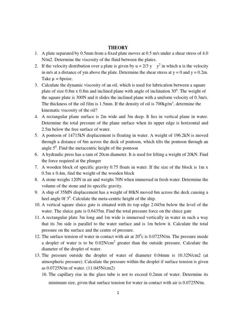 Fluid Mechanics Tutorial Questions | PDF | Buoyancy | Viscosity