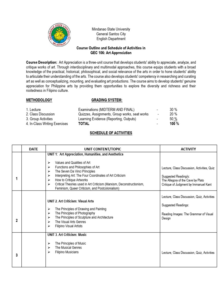 Art Appreciation Course Outline Apolinar | PDF | Aesthetics | Liberal ...