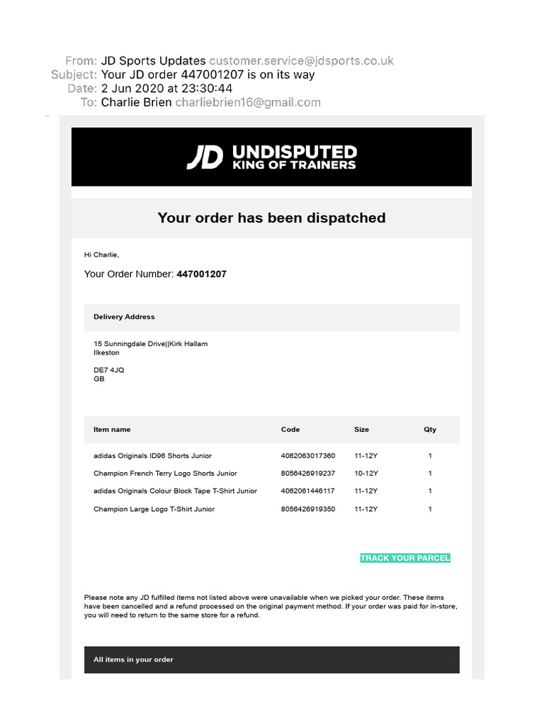 JD Sports Order Confirmation Details | PDF | Internet