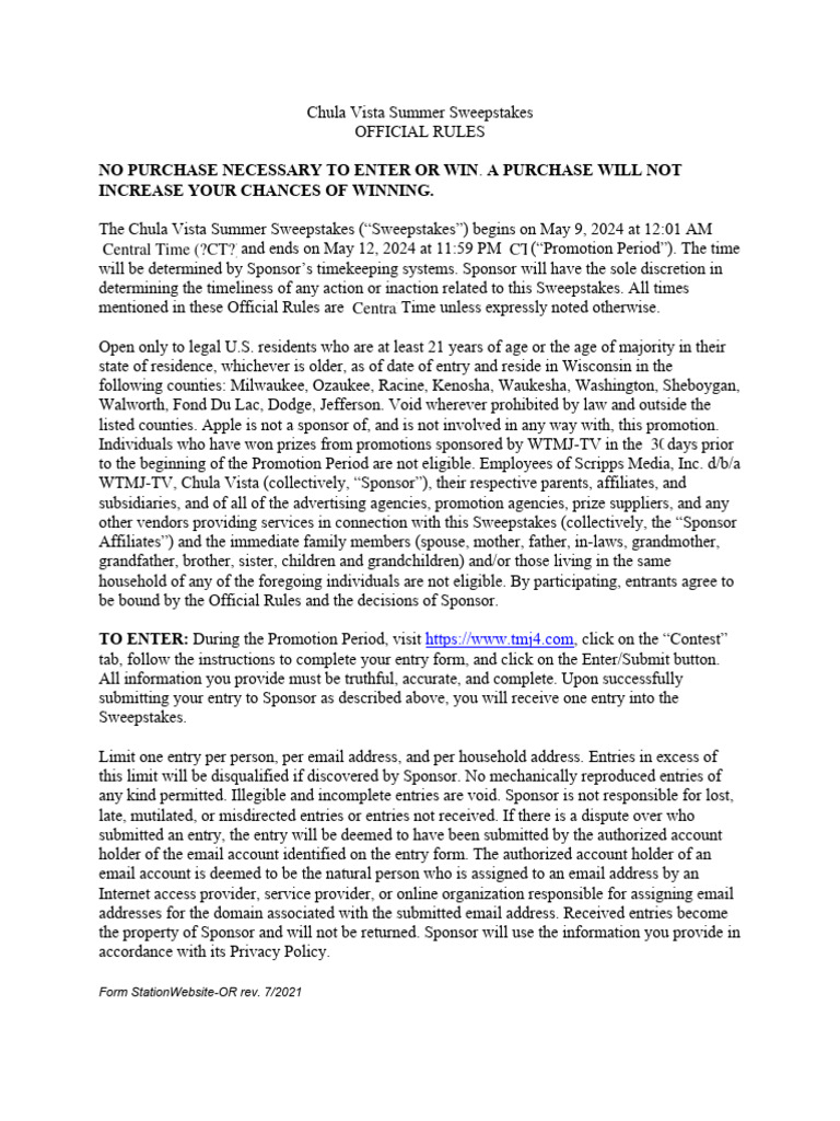 Chula Vista Fun in The Sun Official Rules | PDF