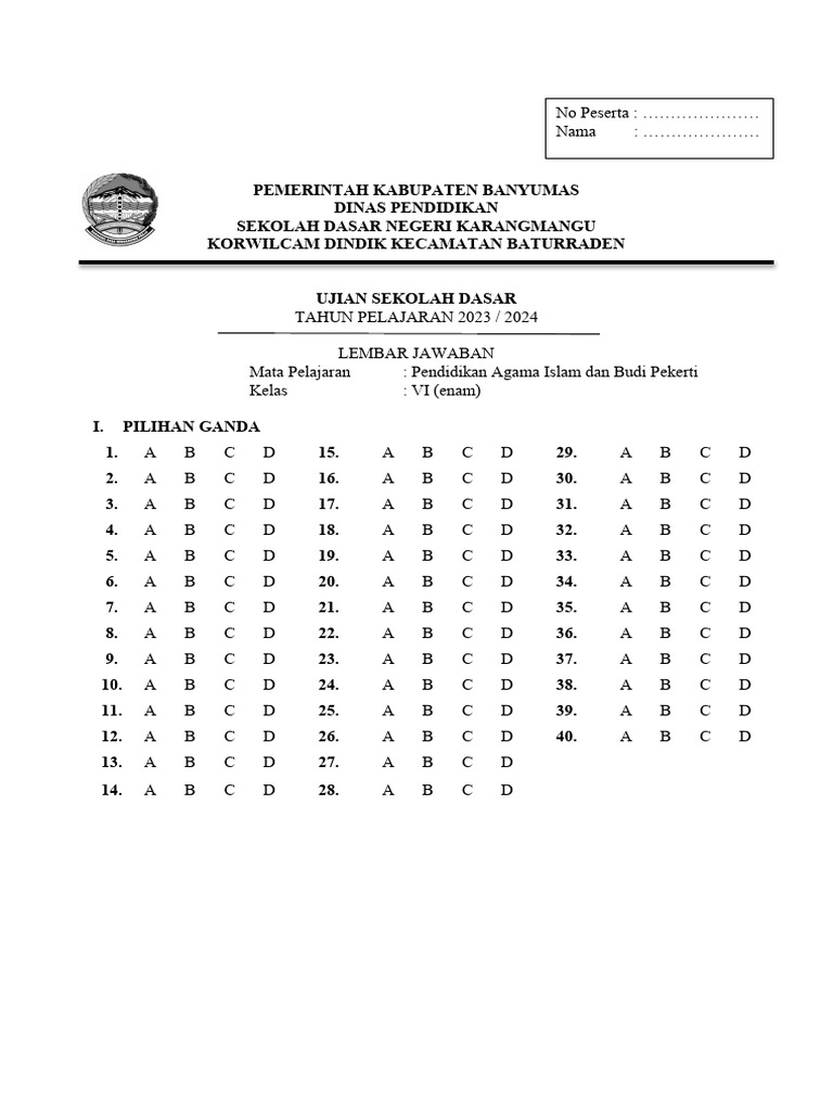 Lembar Jawab Psaj Psaj Pai Kelas 6 SD | PDF