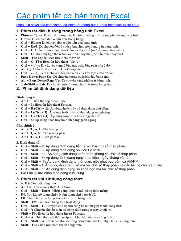 Các phím tắt trong excel | PDF
