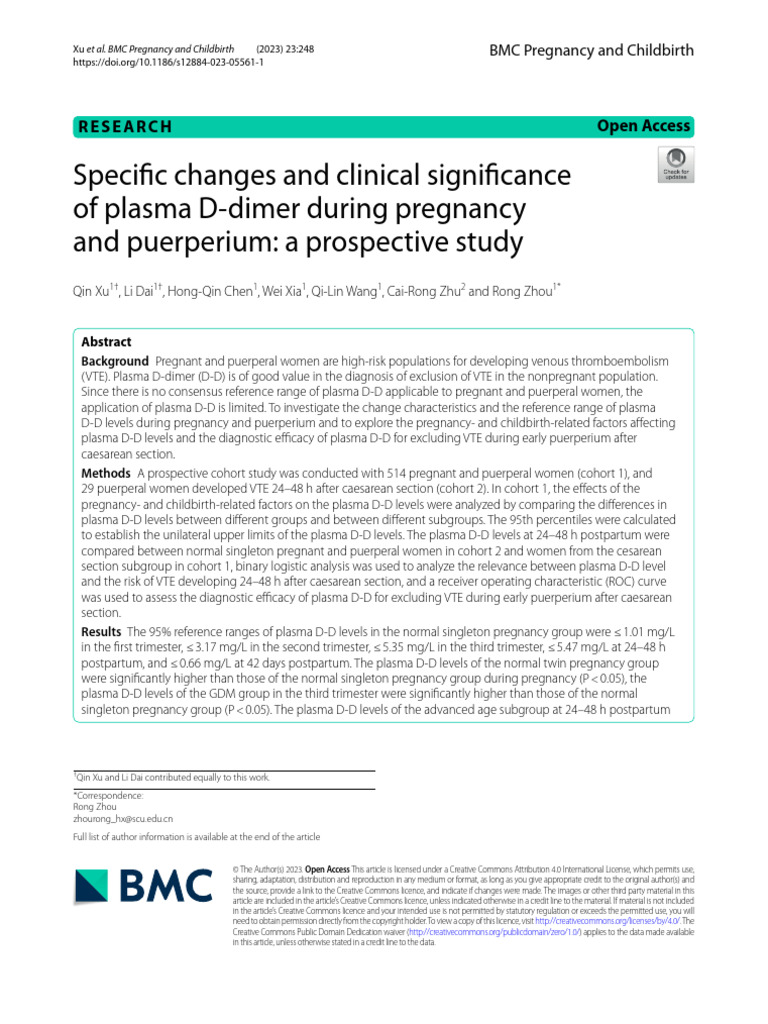 Specific Changes and Clinical Significance of Plasma D-Dimer During ...
