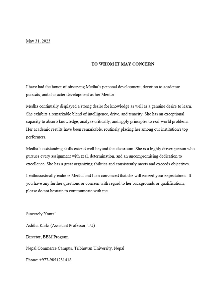 Medha's Academic Endorsement Letter | PDF