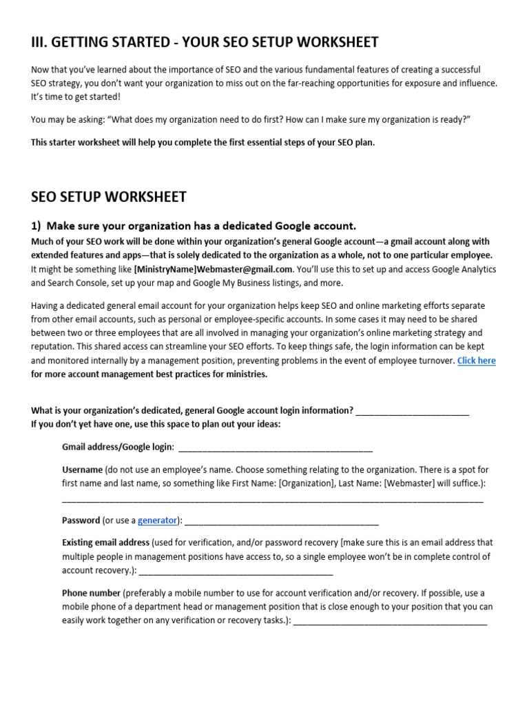 SEO Setup Worksheet Final Fillable | PDF | Search Engine Optimization ...