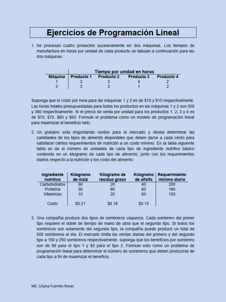 Ejercicios de Programacion Lineal | PDF | Alimentos | Nutrición Ejercicios de Programacion Lineal | PDF | Alimentos | Nutrición