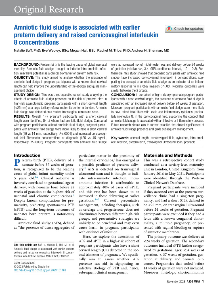 Amniotic Fluid Sludge Is Associated With Earlier Preterm Delivery and ...