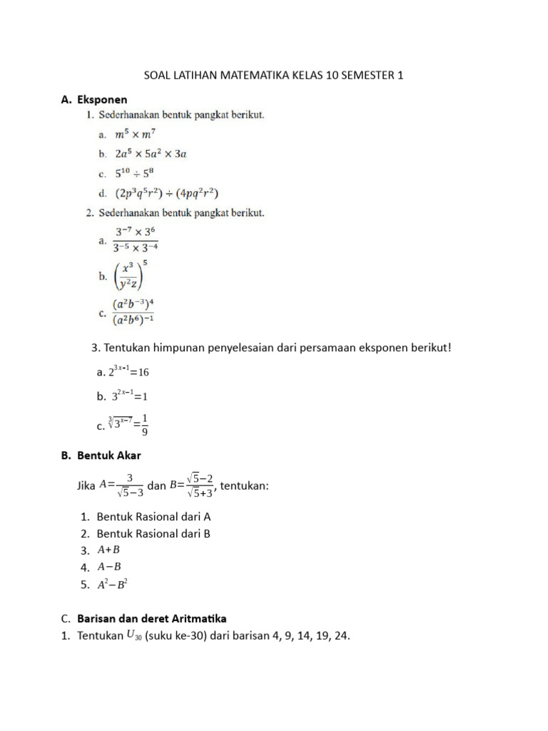 Soal Latihan Matematika Kelas 10 Semester 1 | PDF
