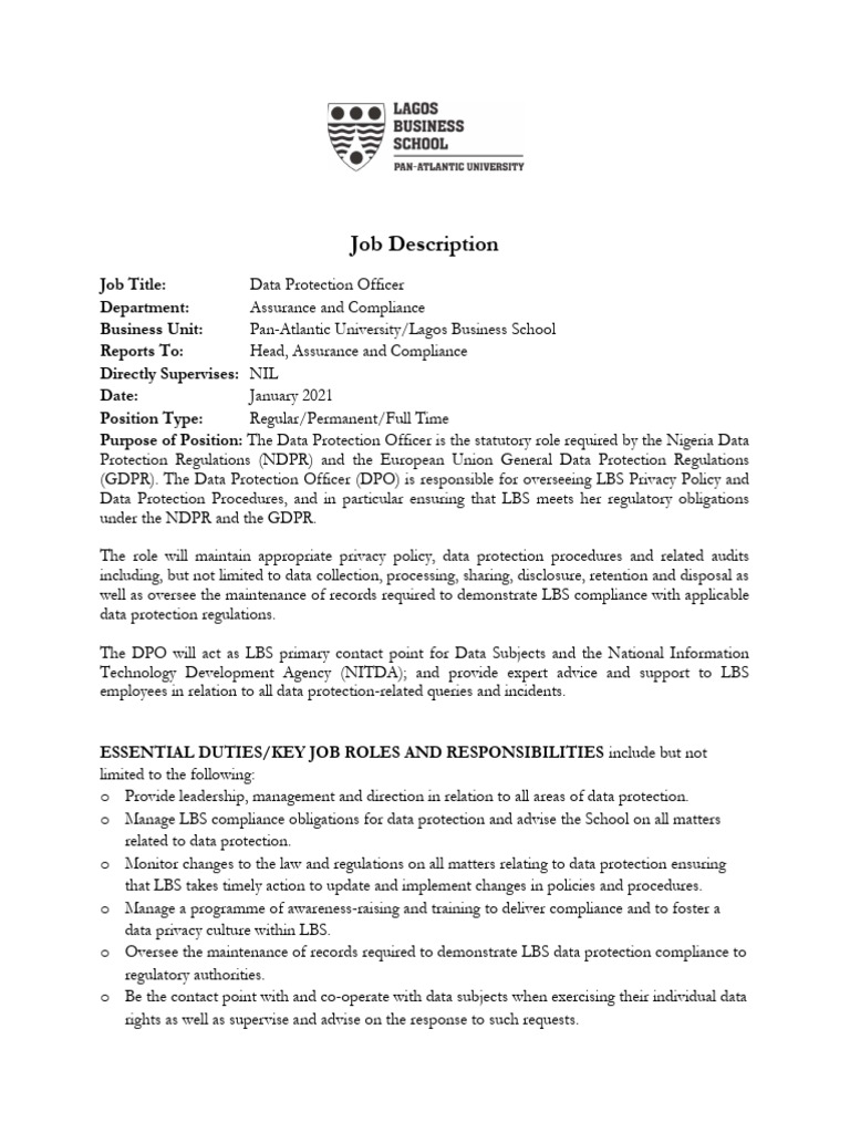 Job Description - Data Protection Officer | PDF | Regulatory Compliance ...