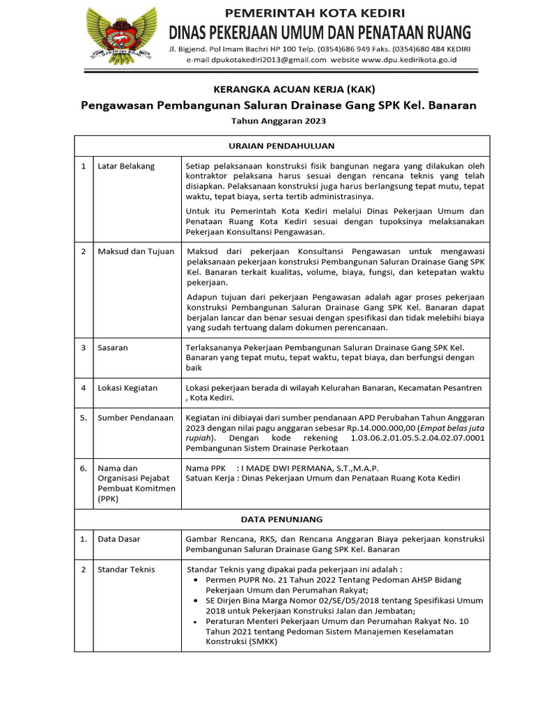 KAK Pengawasan Pembangunan Saluran Drainase Gang SPK Kel. Banaran | PDF