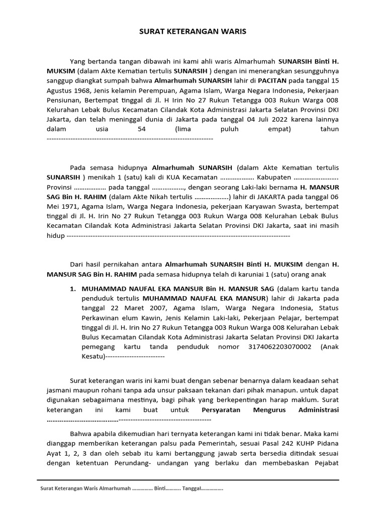 Draft Surat Keterangan Waris (H Mansur) | PDF
