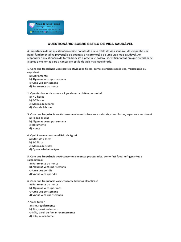 Questionário Sobre Estilo de Vida Saudável | PDF | Alimentos