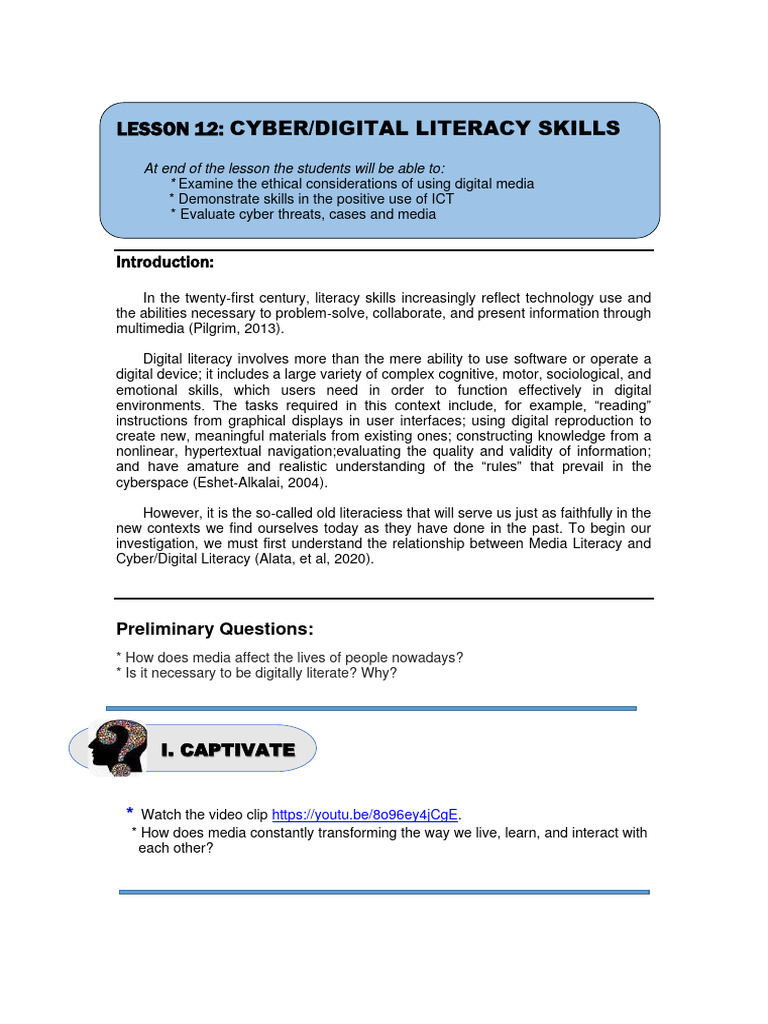 Lesson 11 CYBER - DIGITAL - LITERACY | PDF | Literacy | Learning