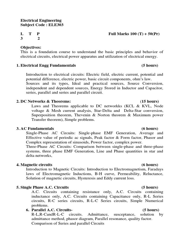 Basic Electrical - Engineering Syllabus | PDF | Electrical Network ...