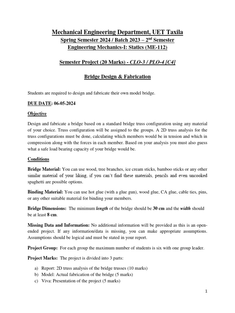 Statics Project Instructions-1 | PDF | Truss | Bridge