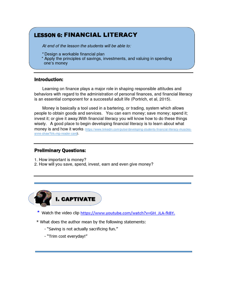 Financial Literacy Lesson Plans for Students | PDF | Interest | Investing