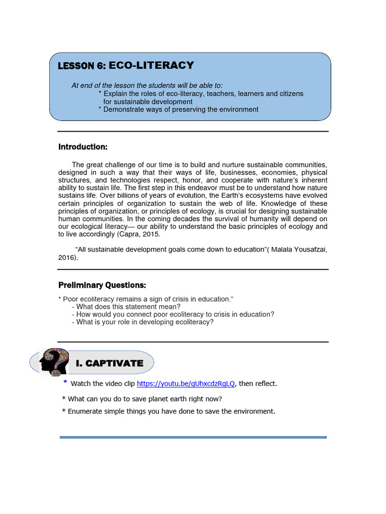 Lesson 13 ECOLITERACY | PDF | Sustainability | Ecology