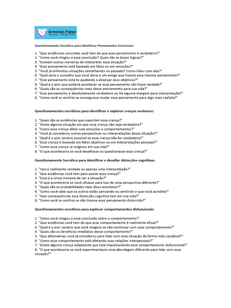 Questionamento Socrático APF | PDF | Pensamento | Evidência