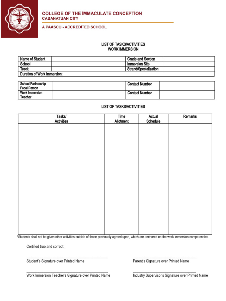 Daily Task Activity Sheet | PDF