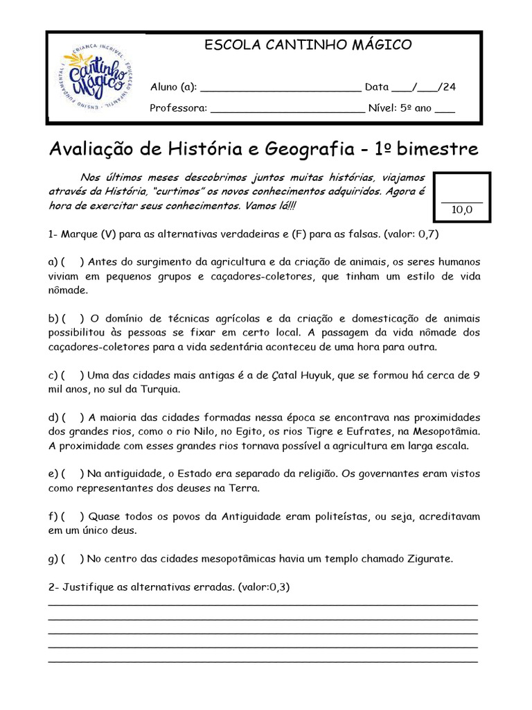 Avaliação de História e Geografia 5º Ano | PDF | Brasil | Mesopotâmia