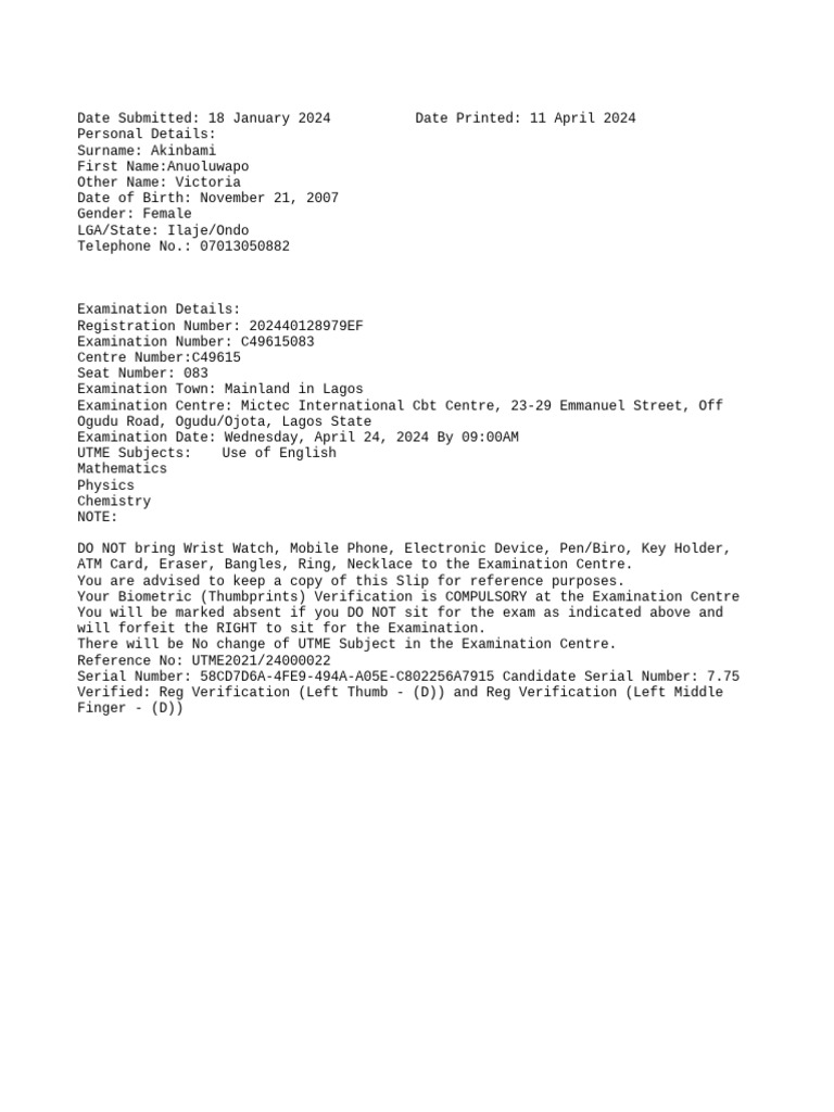 UTME Exam Details for Anuoluwapo Akinbami | PDF