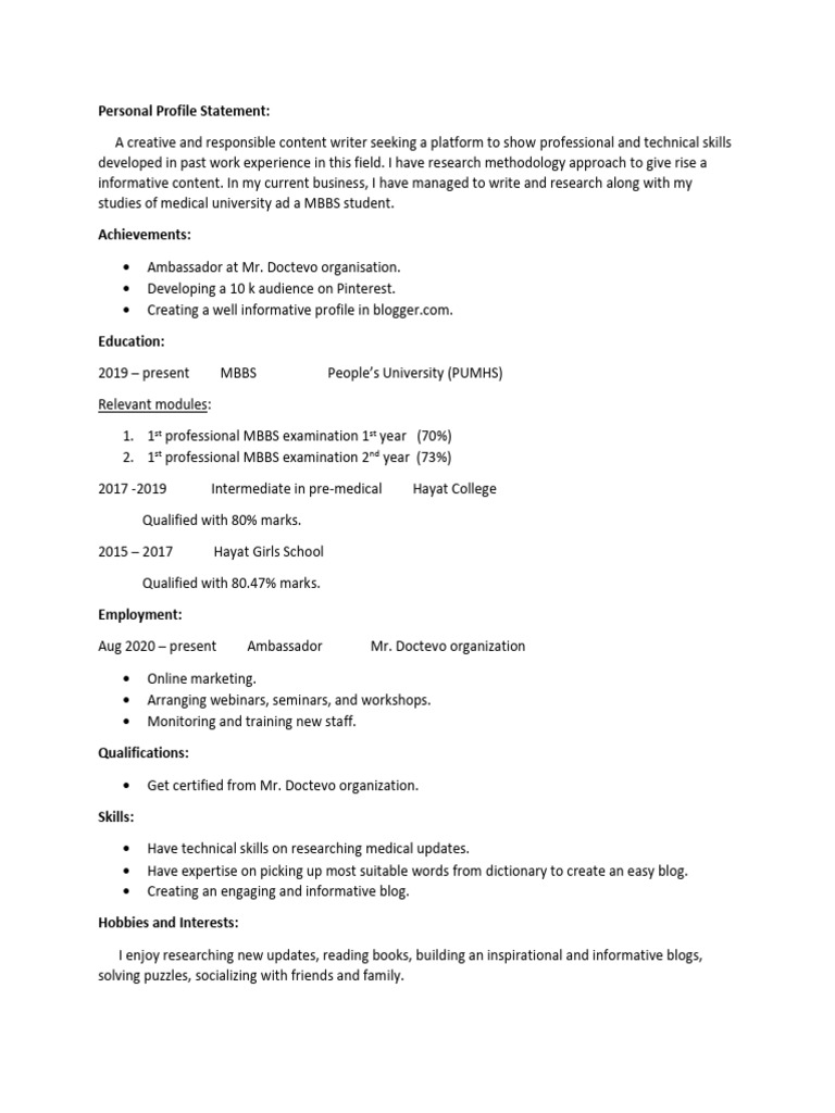Creative Medical Content Writer Profile | PDF