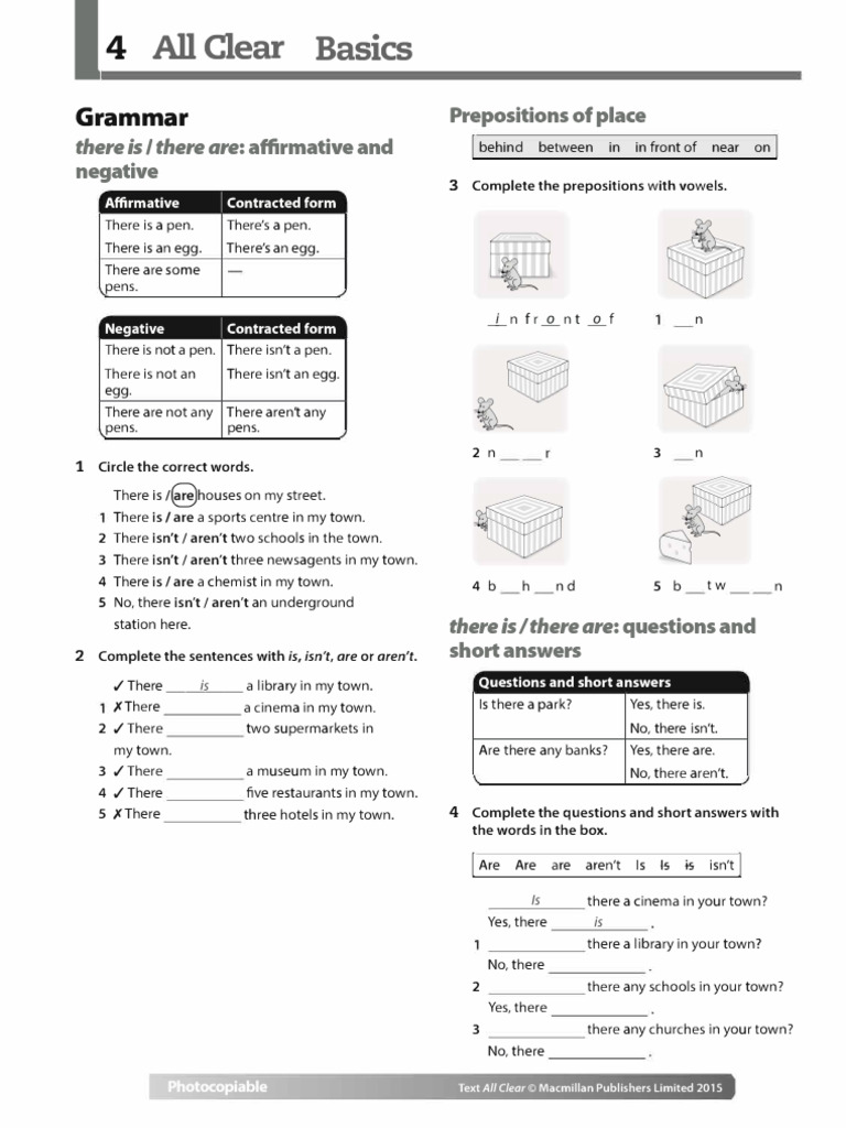 All Clear Basics 5a There Is - There Are Affirmative and Negative Questions Short Answers ...