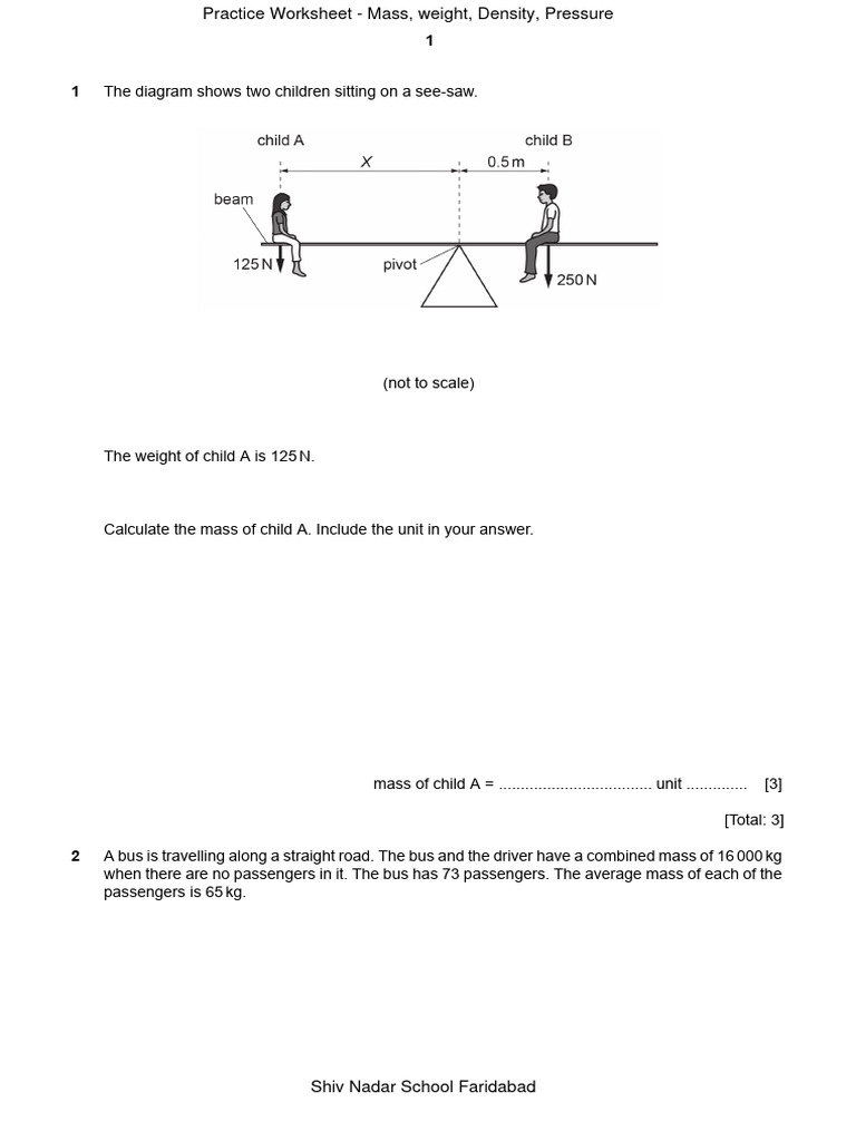 Practice Worksheet - Mass, Weight, Density, Pressure | PDF | Pressure ...