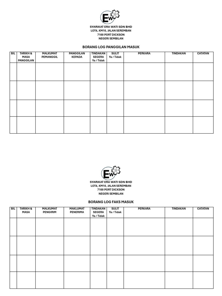 Contoh Buku Buku Log Panggilan Dan Faks Masuk | PDF