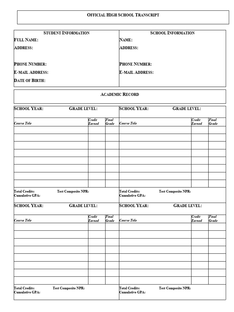 Official High School Transcript Template | PDF