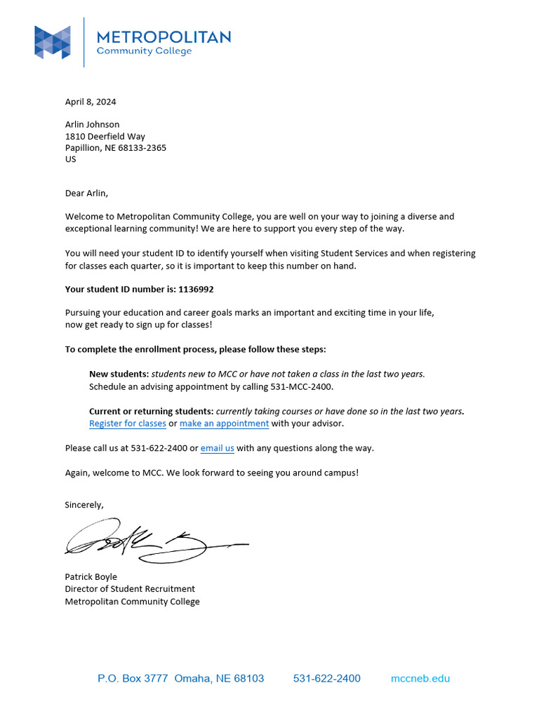 MCC Acceptance Letter | PDF