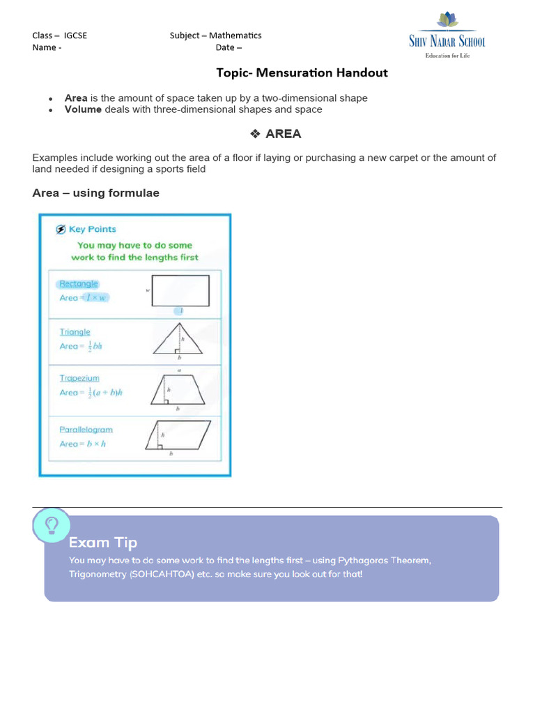 Mensuration - Handout | PDF | Area | Volume