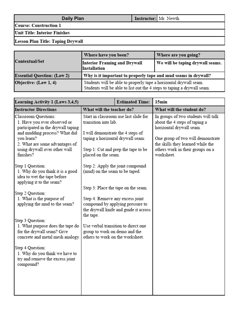 Drywall Lesson Plan 1 | PDF | Drywall | Materials
