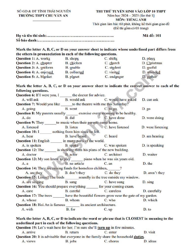 De-Thi-Thu-Vao-Lop-10-Mon-Anh-Thpt-Chu-Van-An - 1-Đã G P | PDF