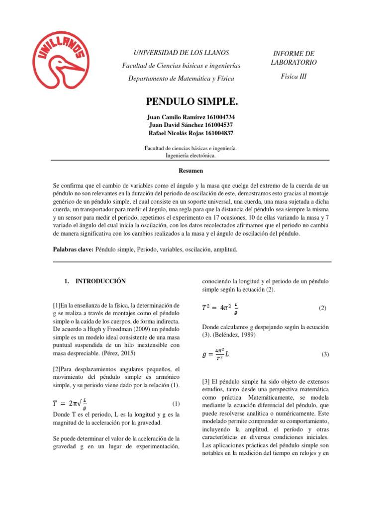 Informe Oscilaciones Pendulo Simple 2 (Variacion de Masa y Amplitud) | PDF | Péndulo | Oscilación