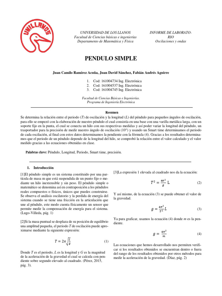Informe Oscilaciones Pendulo Simple | PDF | Péndulo | Oscilación