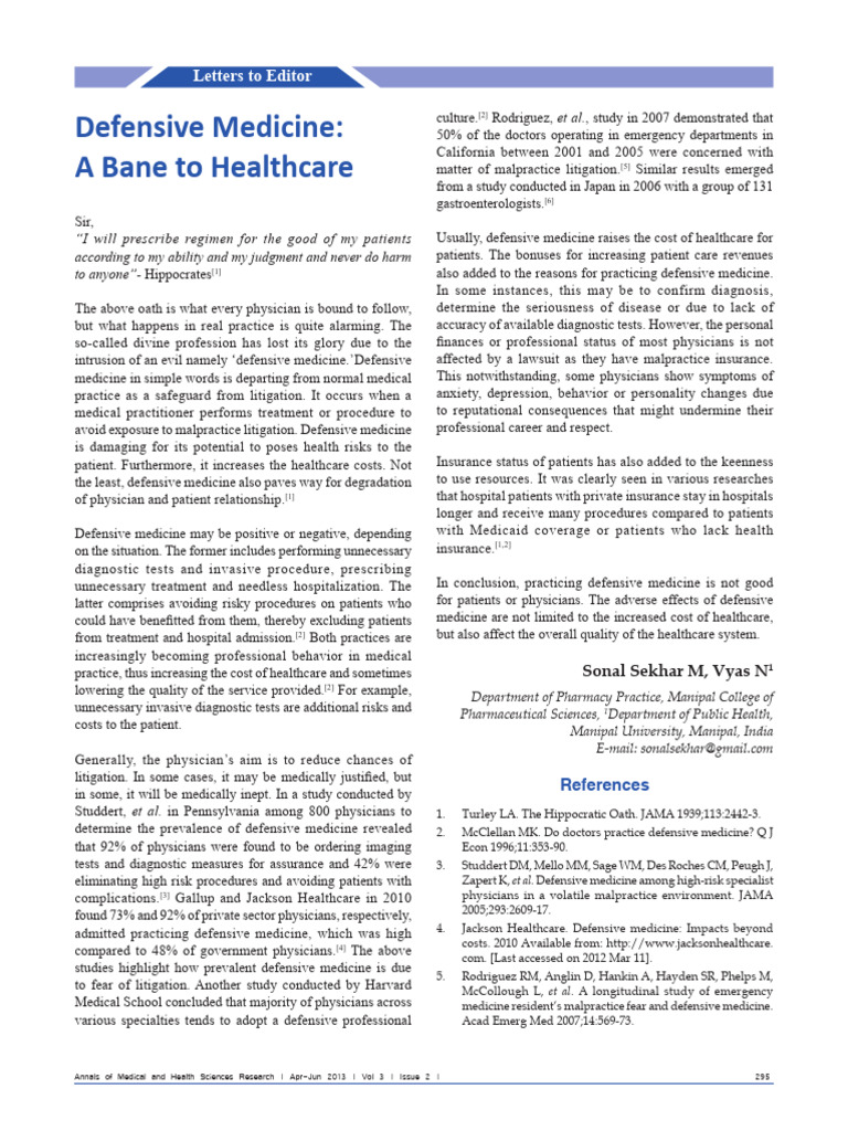 Defensive Medicine - A Bane To Healthcare | Download Free PDF ...