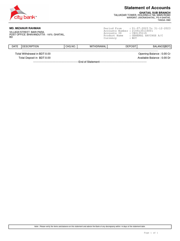 City Bank Stetment | PDF | Banks | Economies