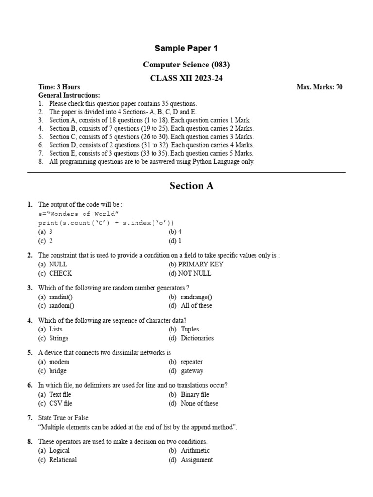 Class 12 CS 32 Sets QP Combined Papers | PDF | Computing | Data Management