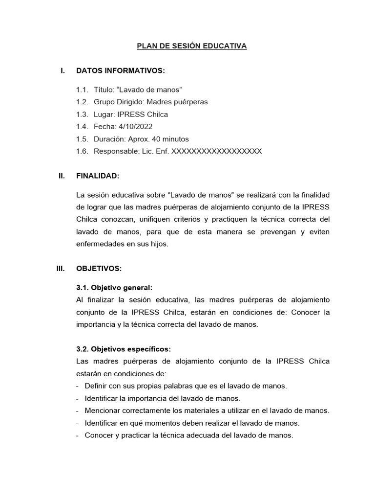 Ejemplo Plan Sesión Educativa | PDF | Lavado de manos | Higiene