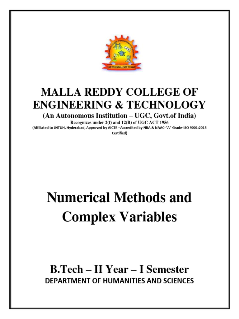 Nemerical Methods And Complex Variables Digital Notes Pdf Complex