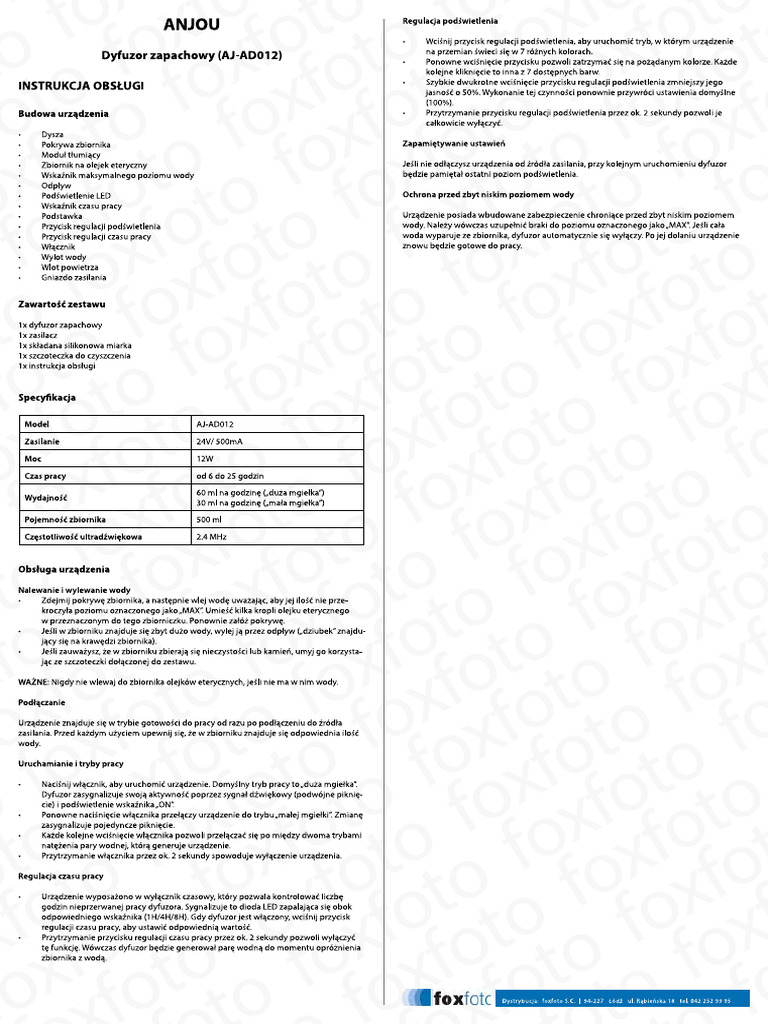 Instrukcja - Dyfuzor Do Aromaterapii Anjou AJ-AD012 | PDF